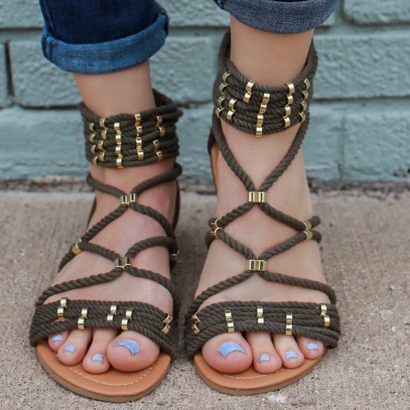 Shoes | Khaki Gladiator Strappy Rope Ankle Cuff Sandal | Poshmark