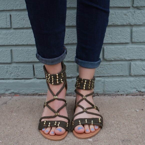 Shoes | Khaki Gladiator Strappy Rope Ankle Cuff Sandal | Poshmark
