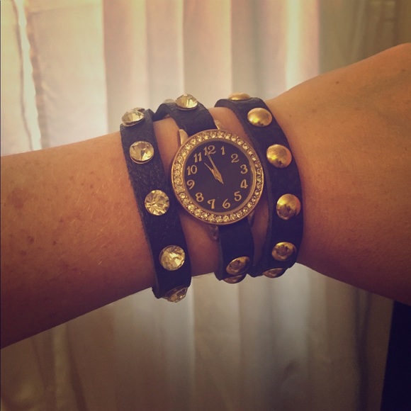 Accessories | Rhinestone And Gold Studded Wrap Watch | Poshmark