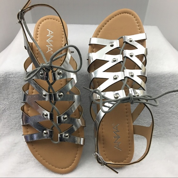 Anna | Shoes | Size 8 Silver Lace Up Strappy Sandals Gladiator | Poshmark