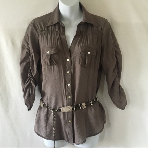 Timing | Tops | Wing Ruffle Sleeve Shirt Mauvegray Pearl Buttns | Poshmark