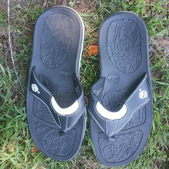 Timberland | Shoes | Timberland Black White Flip Flops 75 Leather ...