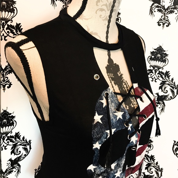 Tops | Nwt Super Cool Patriotic Skull Lace Up Tank | Poshmark