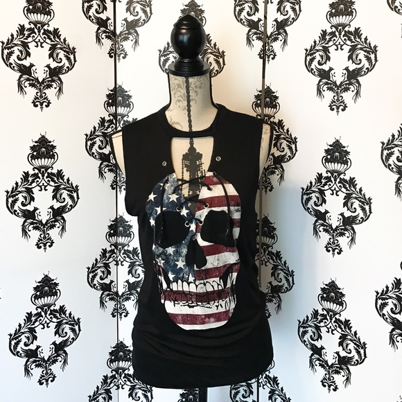 Tops | Nwt Super Cool Patriotic Skull Lace Up Tank | Poshmark