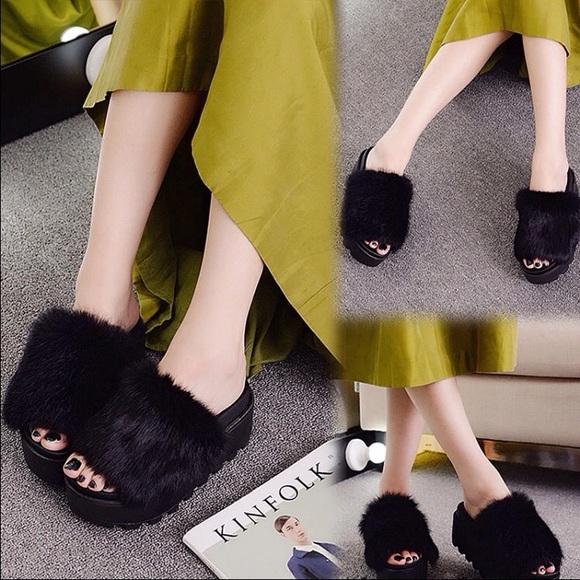 Shoes | Super Hot Fur Platform Slides Black | Poshmark