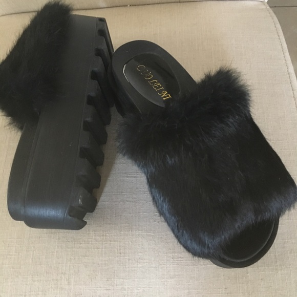 Shoes | Super Hot Fur Platform Slides Black | Poshmark