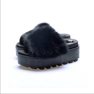 Shoes | Super Hot Fur Platform Slides Black | Poshmark