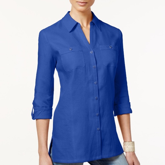 JM Collection | Tops | Jm Collection Petite Linen Button Front Shirt ...