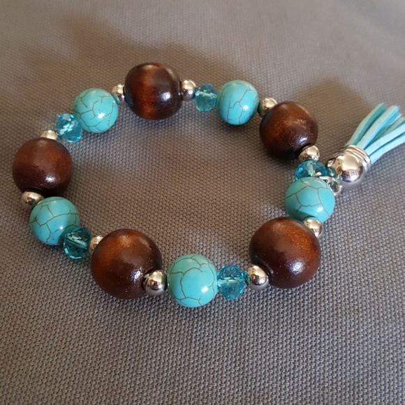 Jewelry | Wood Bead And Turquoise Stretch Bracelet | Poshmark