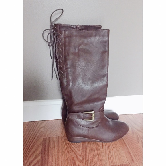 Shoes | Dark Brown Lace Up Knee High Wedge Boots | Poshmark