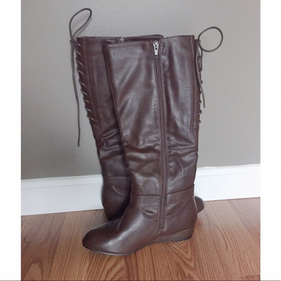 Shoes | Dark Brown Lace Up Knee High Wedge Boots | Poshmark