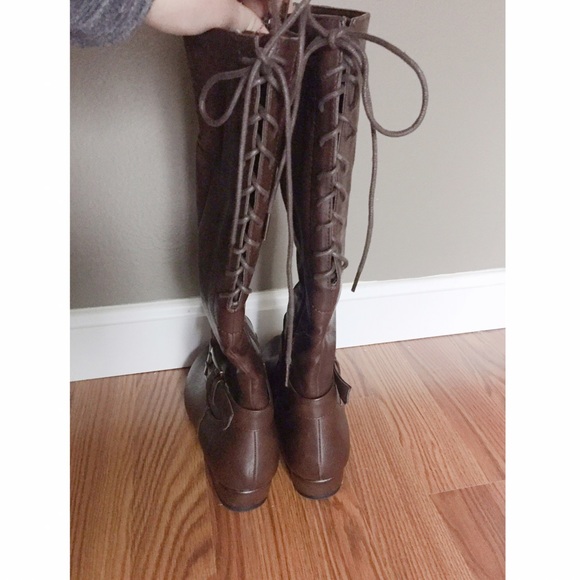 Shoes | Dark Brown Lace Up Knee High Wedge Boots | Poshmark