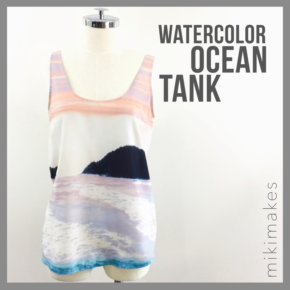 [ Pjk ] Cesaw Ocean Watercolor Print Tank - Gem