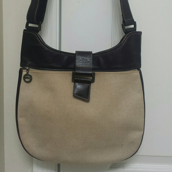 Longchamp | Bags | Longchamp Beige Canvas Brown Leather Crossbody ...