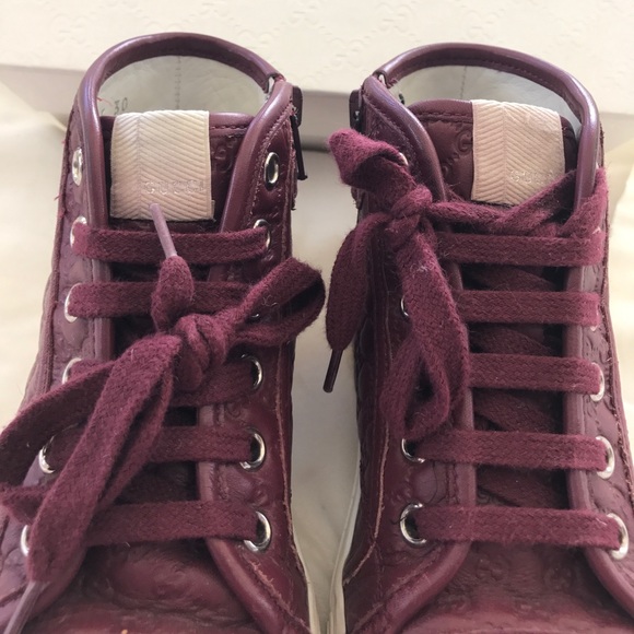 Gucci | Shoes | Gucci Boys Maroon Burgundy Logo Leather High Tops ...