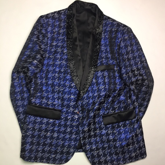 Suits & Blazers | Shinny Blue Houndstooth Tuxedo Jacket | Poshmark