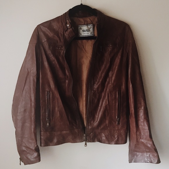 Vera Pelle | Jackets & Coats | Vera Pelle Brown Italian Leather Moto ...