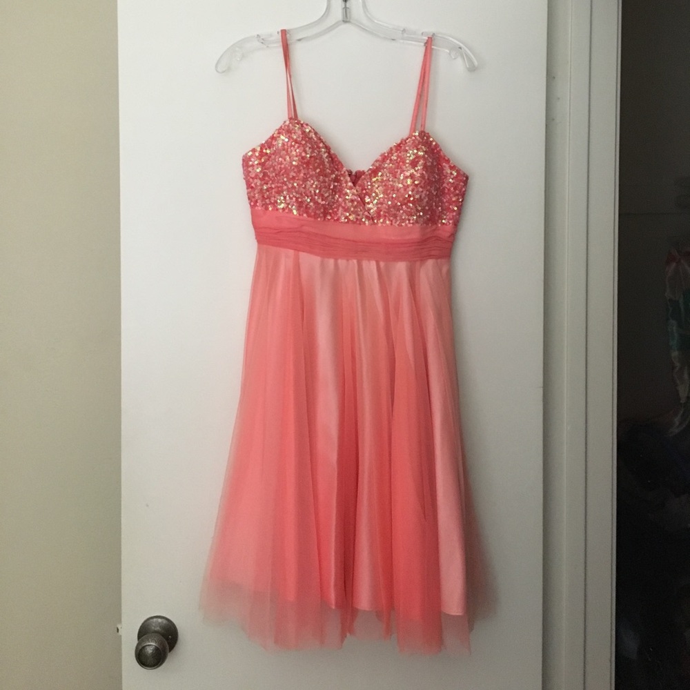 Coral Sequin Detailed Prom Dress - Gem