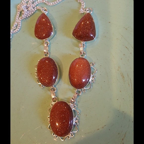 Jewelry | Sparkly Rust Color Goldstone Silver Link Necklace | Poshmark