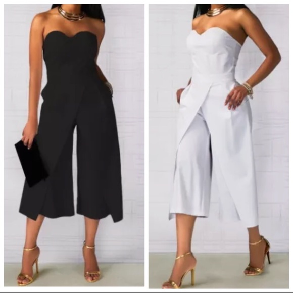 Pants & Jumpsuits | Sleek Bodycon Strapless Wide Leg Fitted Top Romper ...