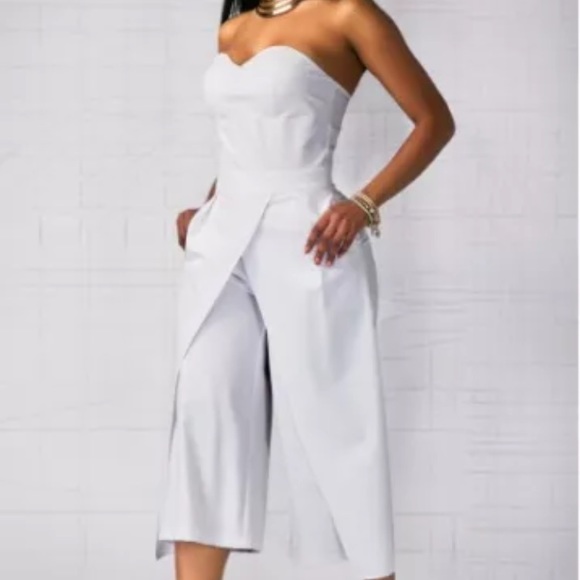 Pants & Jumpsuits | Sleek Bodycon Strapless Wide Leg Fitted Top Romper ...