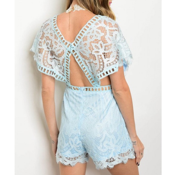 Pants & Jumpsuits | Baby Blue Lace Romper Nwt | Poshmark