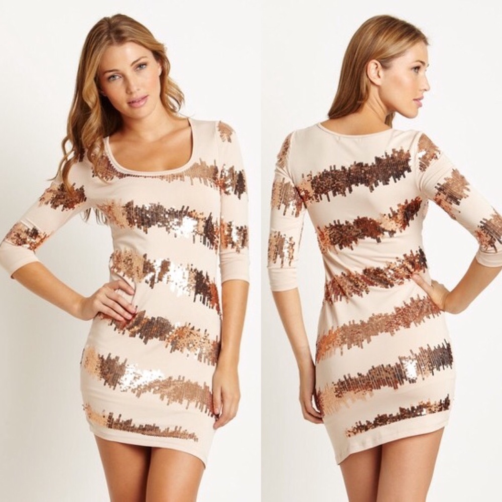 Bodycon Mini Copper Sequin Glitter Stripe Dress - Gem