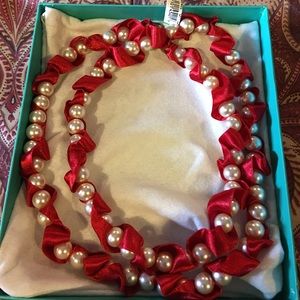 Jewelry | Pearl Necklace Intertwined With Red Ribbon | Poshmark