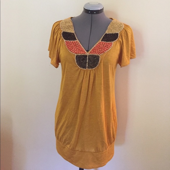 Tops | Beaded Mustard Color Vneck Tee Large | Poshmark