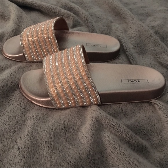 Shoes | Newrose Gold Slides Beaded Pink | Poshmark
