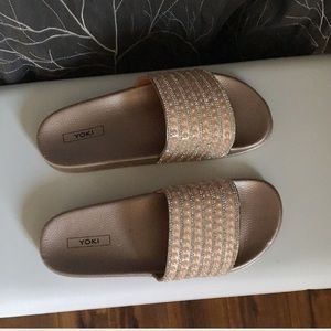 Shoes | Newrose Gold Slides Beaded Pink | Poshmark