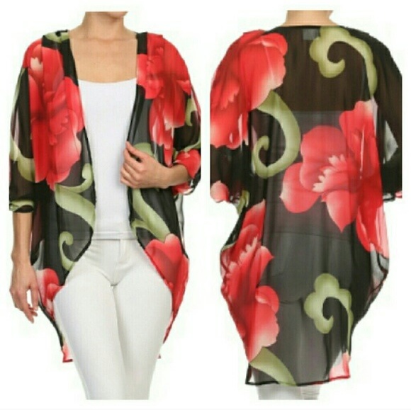 Boutique | Tops | Black And Red Rose Design Floral Cardigan | Poshmark