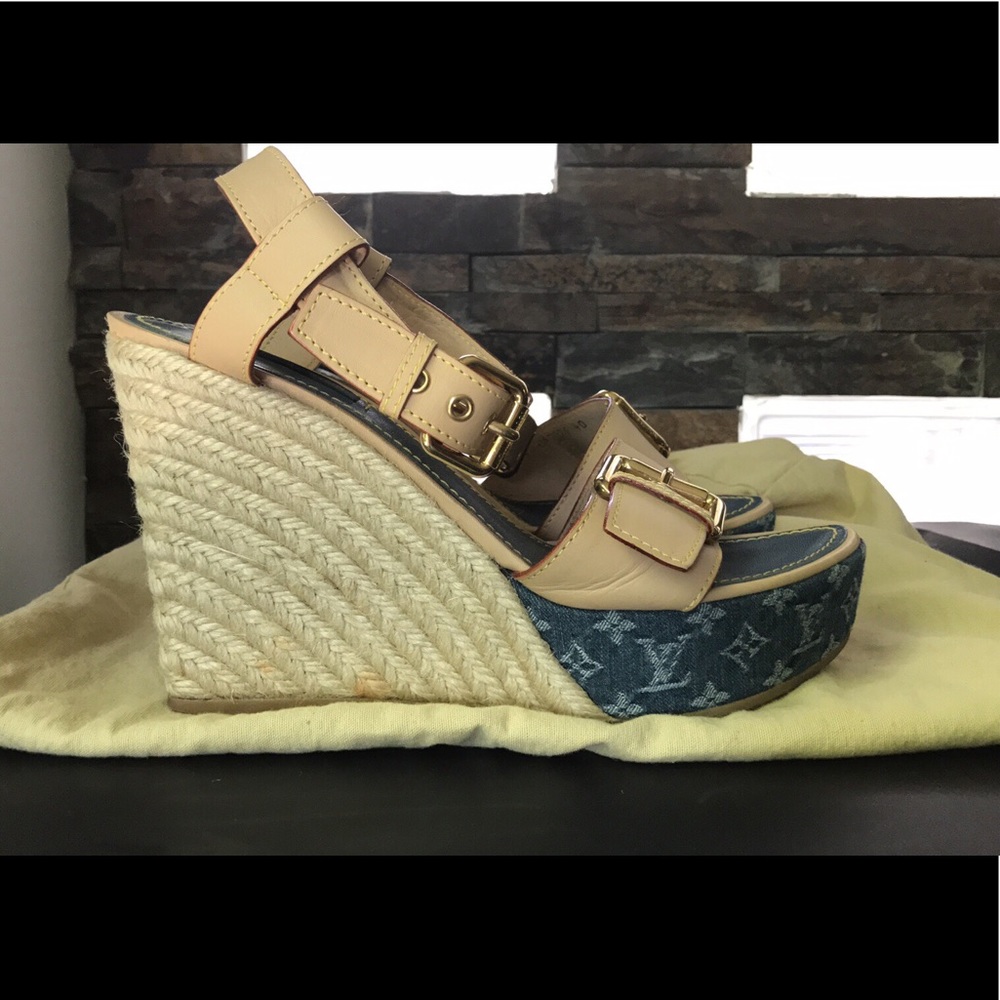 Louis Vuitton Denim/Leather Wedge Sandal - Gem