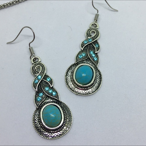 Jewelry | Silver Turquoise Rhinestone Necklaceearrings | Poshmark