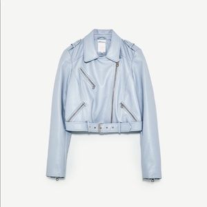 Zara | Jackets & Coats | Zara Blue Moto Biker Jacket 27 Vegan Leather ...