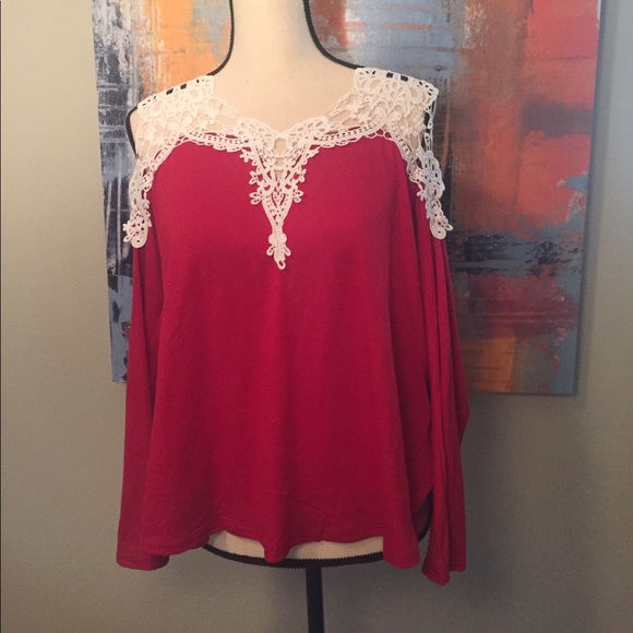 Tops | Red Lace Detail Cold Shoulder Long Sleeve Top | Poshmark