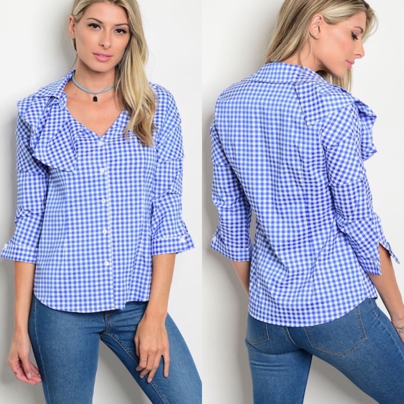 Glamvault | Tops | Blue White Gingham Side Ruffle Collar Top | Poshmark