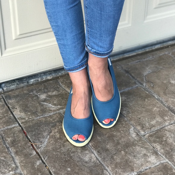 Keen | Shoes | Blue Jean Fabric Peep Toe Kitten Wedge Espadrille | Poshmark