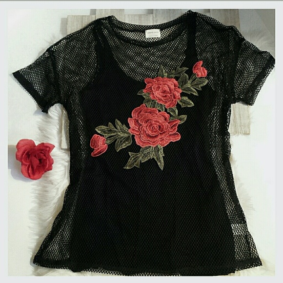 Tops | Black Mesh Roses Top | Poshmark