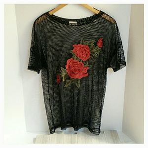 Tops | Black Mesh Roses Top | Poshmark