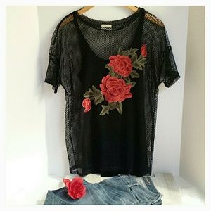 Tops | Black Mesh Roses Top | Poshmark