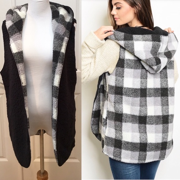 Undefined | Jackets & Coats | Reversible Black White Check Vest W Hood ...