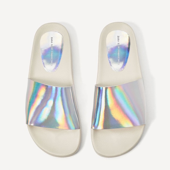 Zara | Shoes | Zara Silver Slides With Iridescent Straps | Poshmark