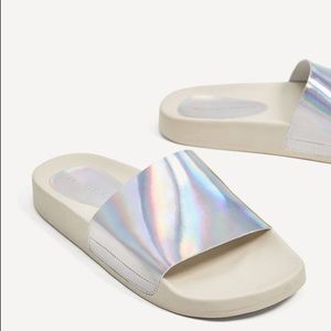 Zara | Shoes | Zara Silver Slides With Iridescent Straps | Poshmark