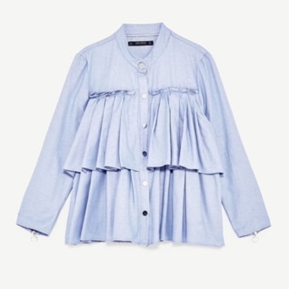 Zara | Jackets & Coats | New Zara Blue Ruffled Jacket Size Xs | Poshmark