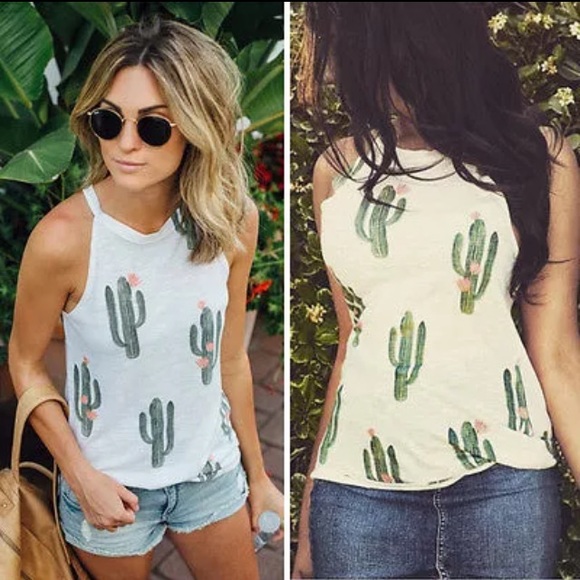 Cactus | Tops | White Cactus Graphic Tank Top Strappy Cami Tee | Poshmark