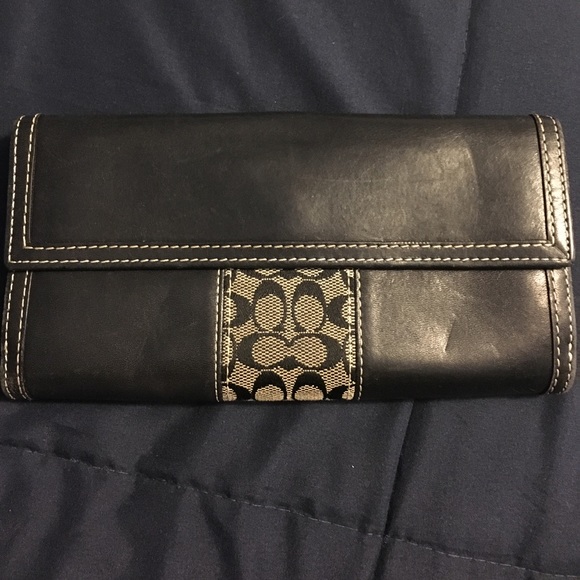Coach | Bags | Coach Wallet Black Leather And Monogram | Poshmark
