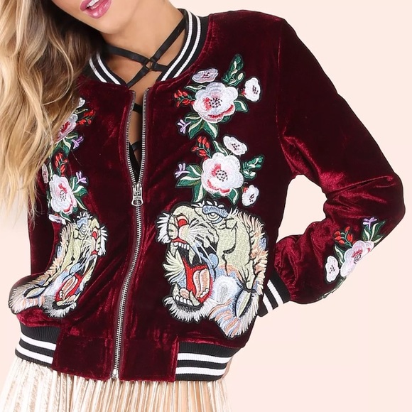 Jackets & Coats | Tiger Roses Embroidered Velvet Bomber Jacket | Poshmark