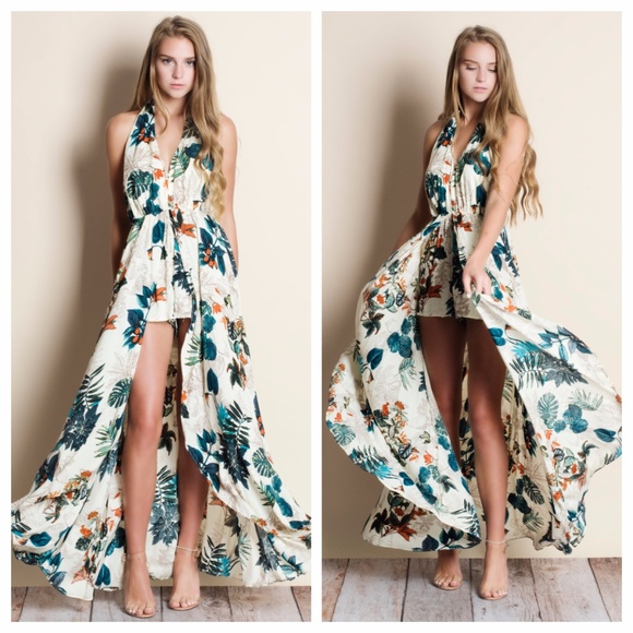 Bare Anthology | Dresses | Floral Print Backless Maxi Romper | Poshmark