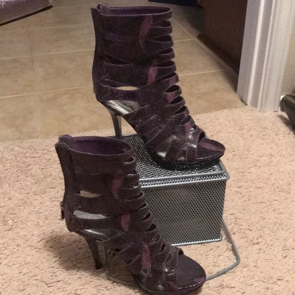 Shoes | Dark Purple Snakeskin Peep Toe Boot | Poshmark